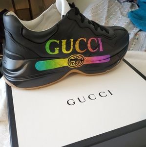 Gucci | Shoes | Black W Rainbow Print Rhyton Sneaker | Poshmark